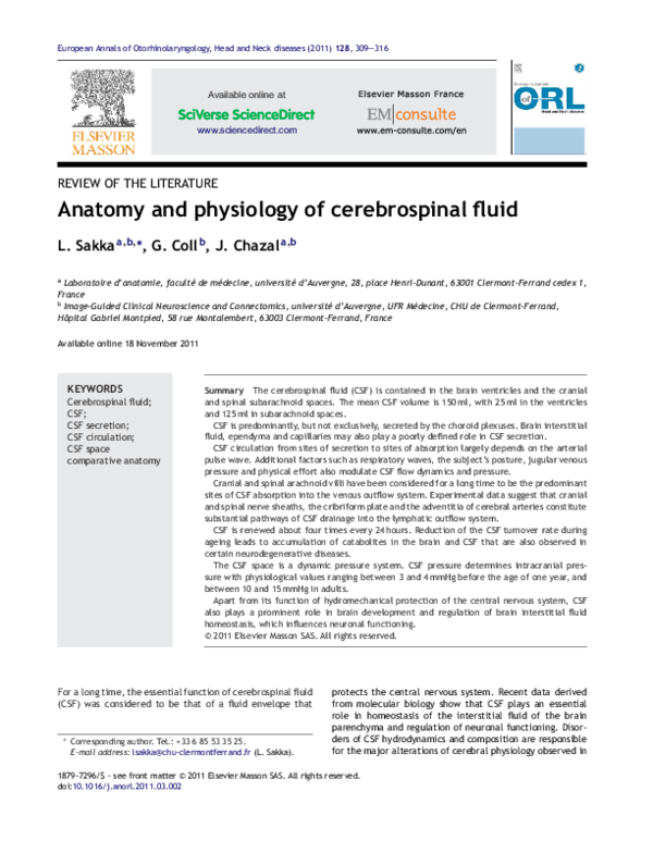 (PDF) Anatomy and physiology of the cerebrospinal fluid system