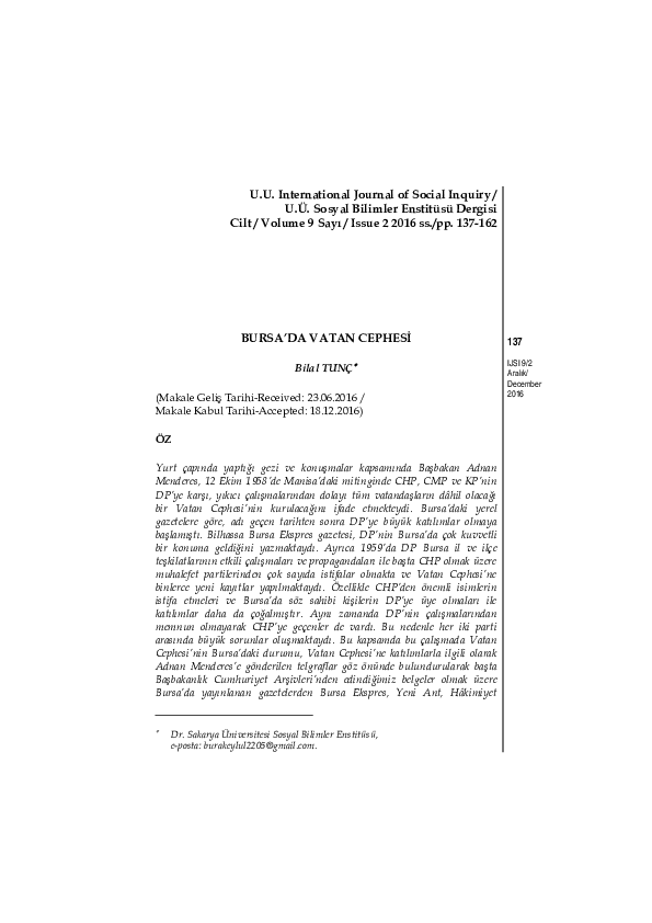 (PDF) The Fatherland’s Front İn Bursa