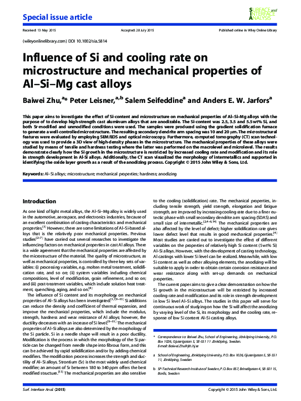 (PDF) Influence of Si and cooling rate on microstructure and mechanical properties of Al-Si-Mg ...