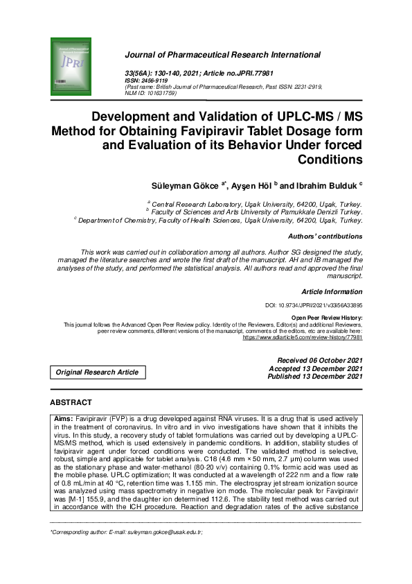 (PDF) Development and Validation of UPLC-MS / MS Method for Obtaining Favipiravir Tablet Dosage ...