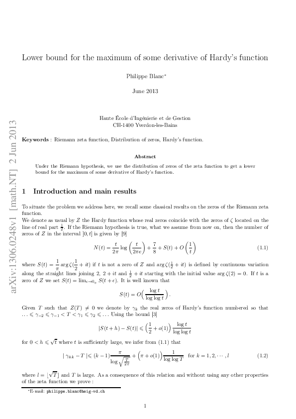(PDF) Lower bound for the maximum of some derivative of Hardy's function