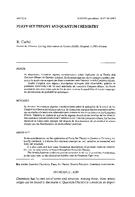 (PDF) Fuzzy set Theory and Quantum Chemistry