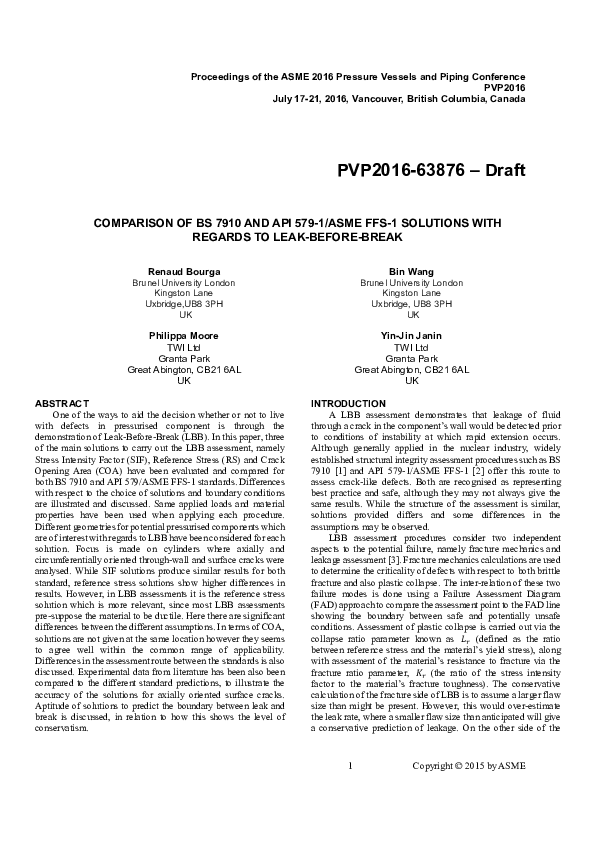 (PDF) Comparison of BS 7910 and API 579-1/ASME FFS-1 Solutions With ...