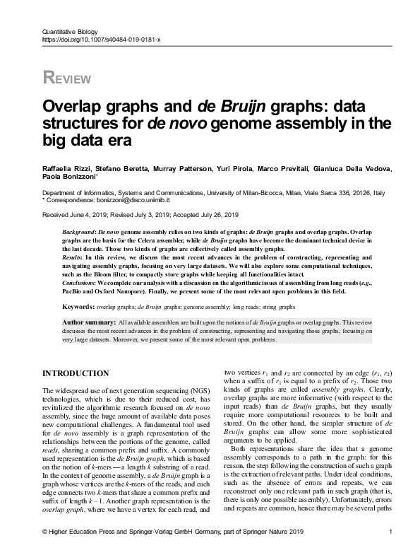 (PDF) Overlap graphs and de Bruijn graphs: data structures for de novogenome assembly in the big ...