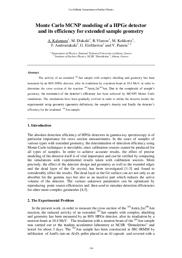 (PDF) Monte Carlo MCNP modeling of a HPGe detector and its efficiency for extended sample geometry
