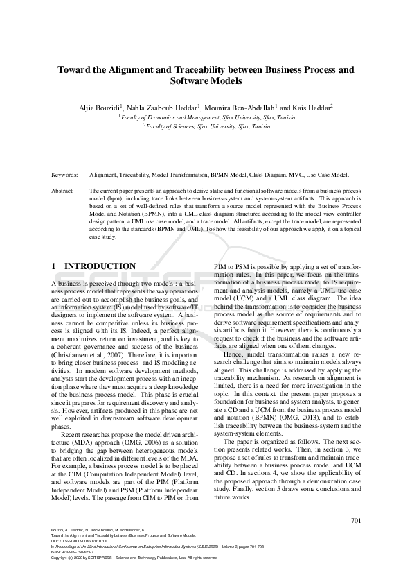 (PDF) Toward the Alignment and Traceability between Business Process and Software Models