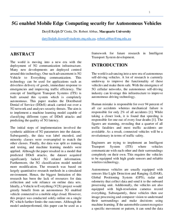 (PDF) 5G enabled Mobile Edge Computing security for Autonomous Vehicles
