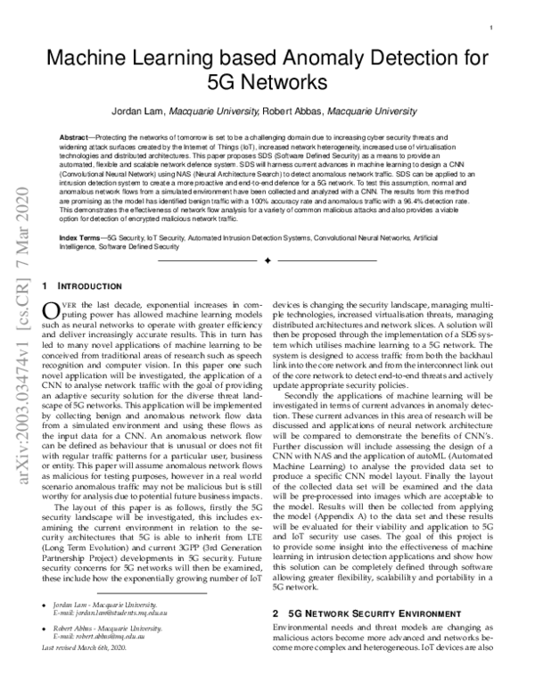 (PDF) Machine Learning based Anomaly Detection for 5G Networks