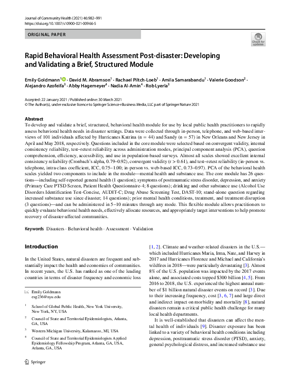 (PDF) Rapid Behavioral Health Assessment Post-disaster: Developing and ...