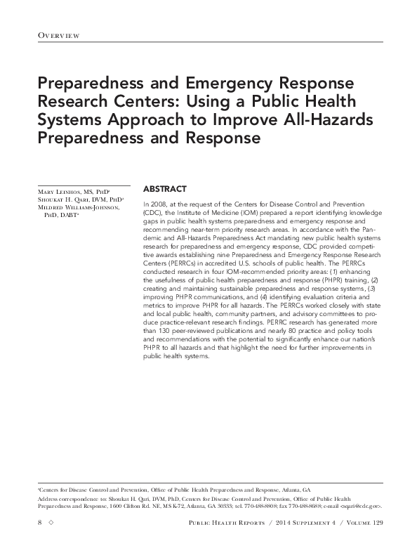(PDF) Preparedness and Emergency Response Research Center (PERRC) Network