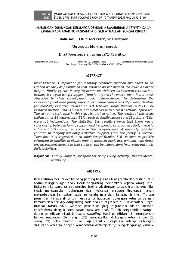 (PDF) Hubungan Dukungan Keluarga dengan Kemandirian Activity Daily Living pada Anak Tunagrahita ...