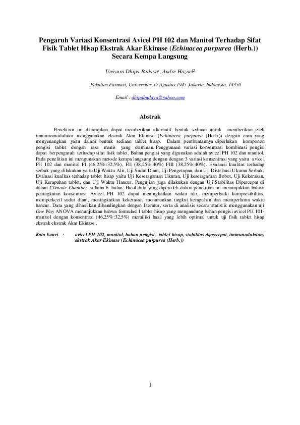 (PDF) Pengaruh Variasi Konsentrasi Avicel PH 102 dan Manitol Terhadap ...