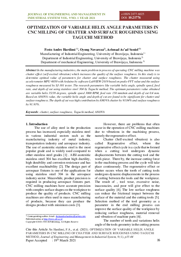 (PDF) Optimization of Variabel Helix Angle Parameters in CNC Milling of Chatter and Surface ...