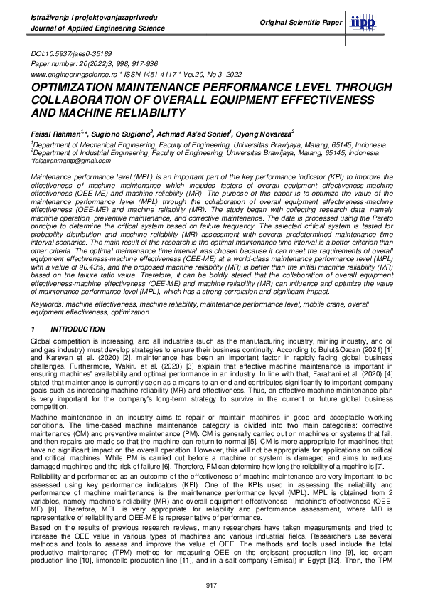 (PDF) Optimization maintenance performance level through collaboration of overall equipment ...