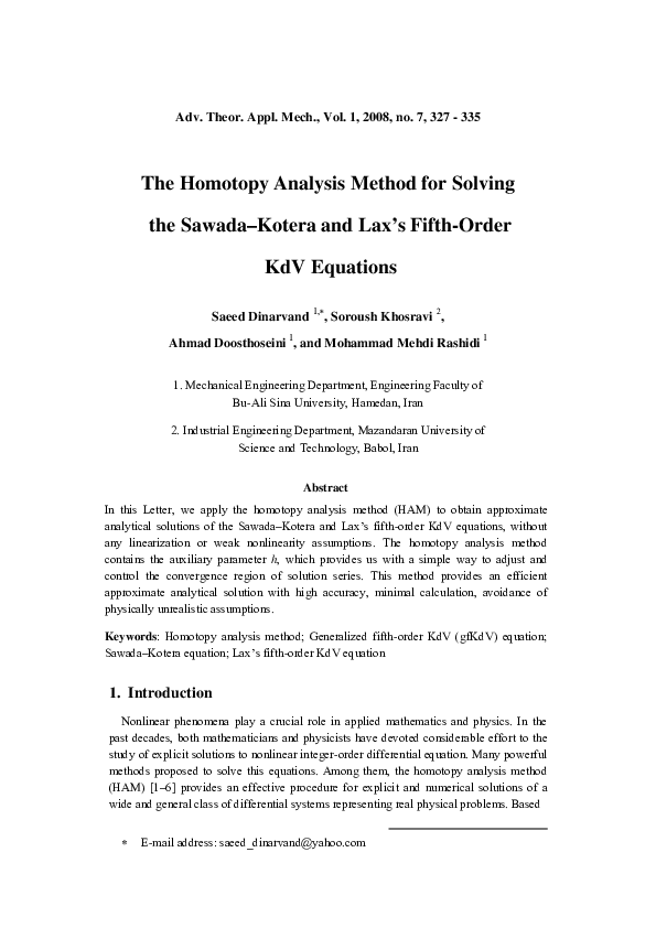 (PDF) The Homotopy Analysis Method for Solving the Sawada–Kotera and Lax’s Fifth-Order KdV Equations