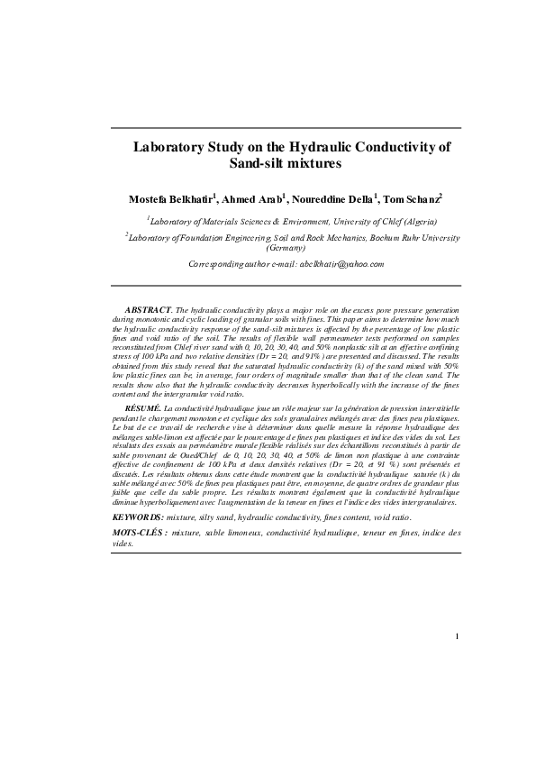 (PDF) Laboratory Study on the Hydraulic Conductivity of Sand-silt mixtures