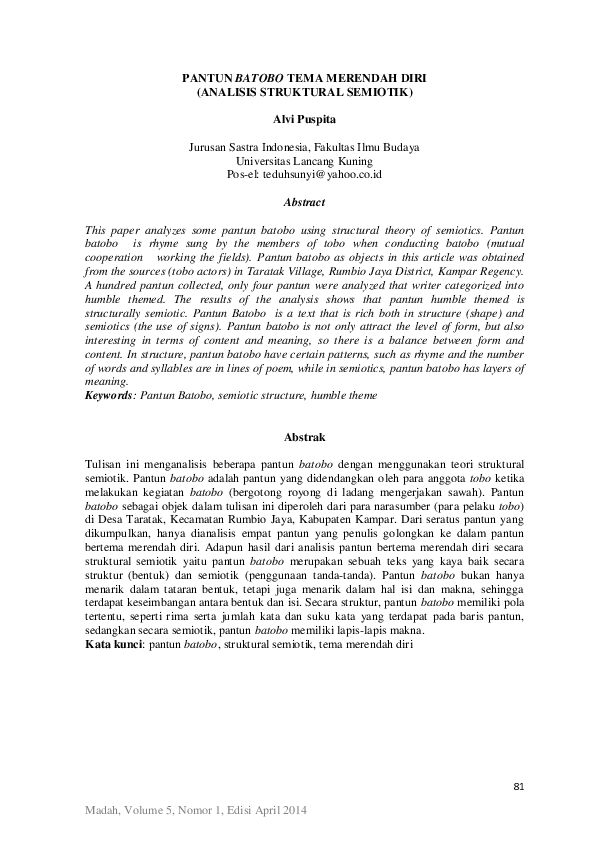 (PDF) Pantun Batobo Tema Merendah Diri (Analisis Struktural Semiotik ...