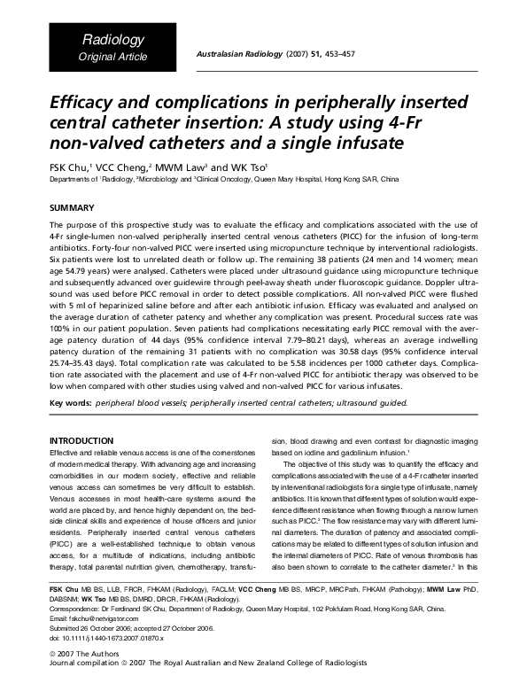 (PDF) Efficacy and complications in peripherally inserted central ...