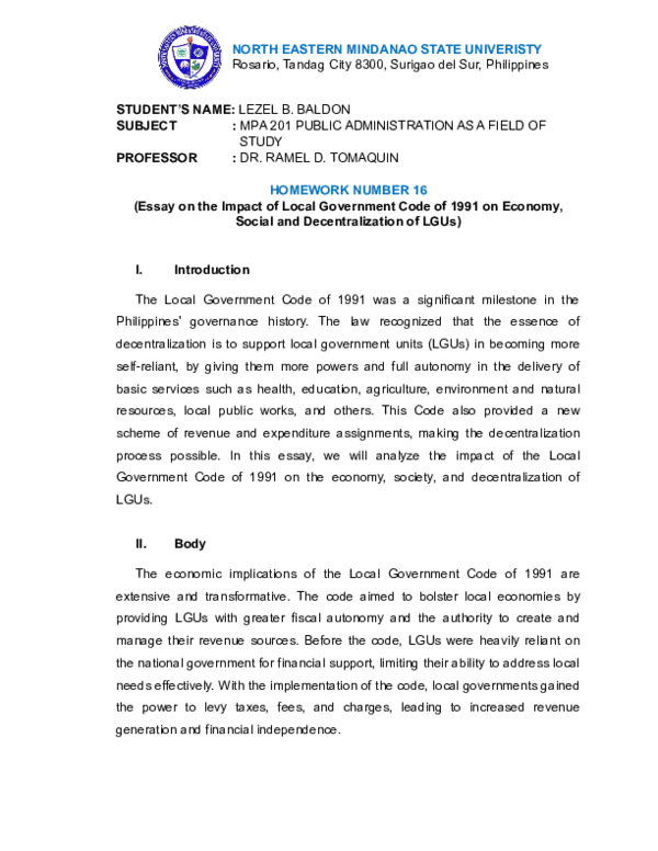(DOC) Essay on the Impact of Local Government Code of 1991 on Economy ...