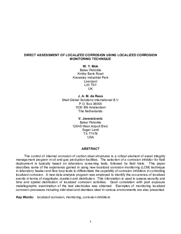 (PDF) Direct Assessment of Localized Corrosion Using Localized ...