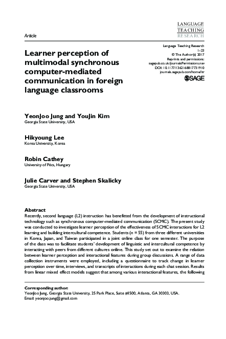 (PDF) Learner perception of multimodal synchronous computer-mediated communication in foreign ...