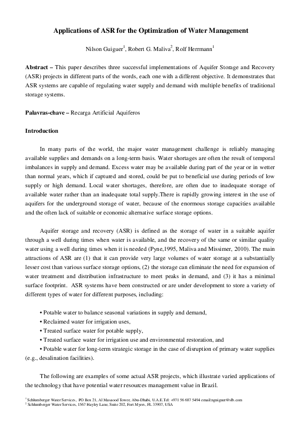(PDF) Applications of ASR for the Optimization of Water Management