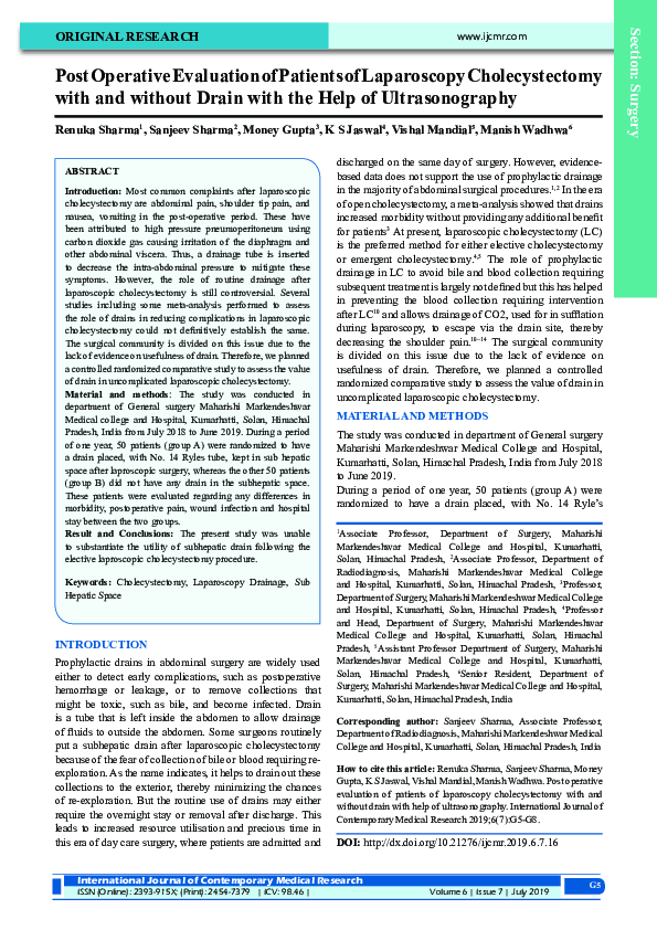 (PDF) Post Operative Evaluation of Patients of Laparoscopy ...
