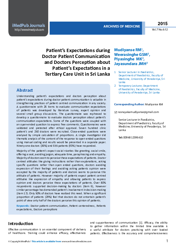 (PDF) Patient's Expectations during Doctor Patient Communication and ...