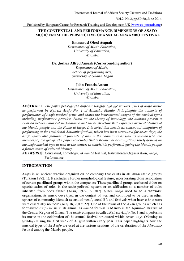 (PDF) THE CONTEXTUAL AND PERFORMANCE DIMENSIONS OF ASAFO MUSIC FROM THE ...