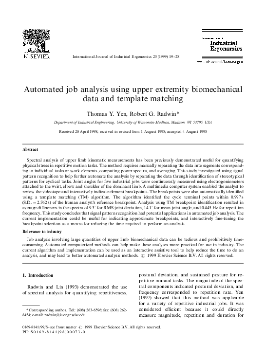 (PDF) Automated job analysis using upper extremity biomechanical data and template matching