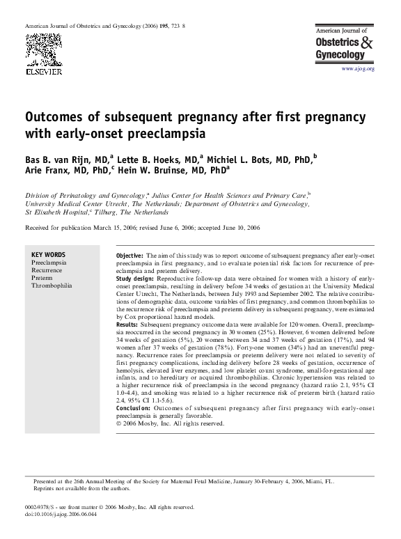 (PDF) Outcomes of subsequent pregnancy after first pregnancy with early ...