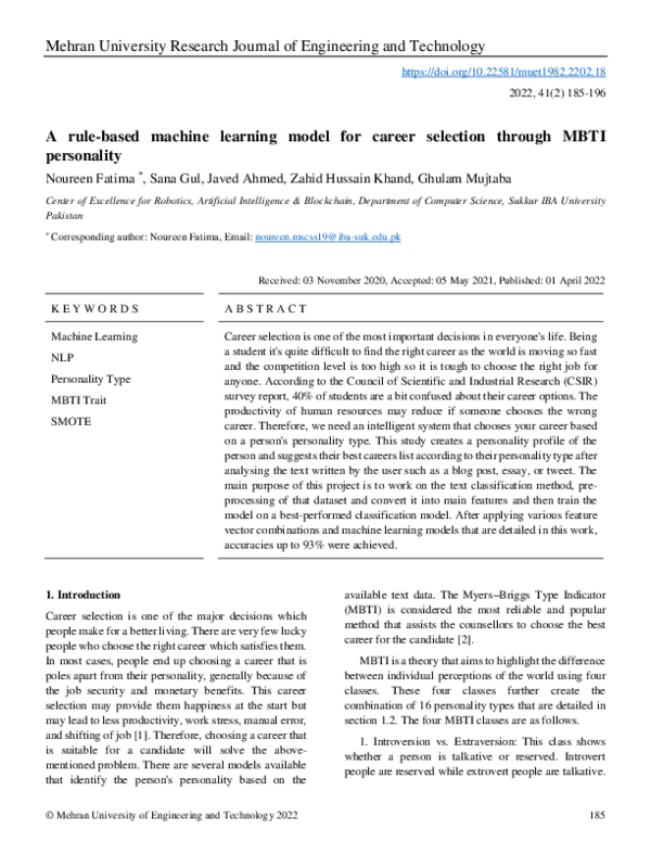 (PDF) A rule-based machine learning model for career selection through MBTI personality