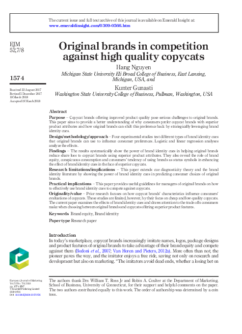 (PDF) Original brands in competition against high quality copycats