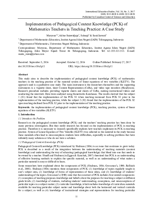(PDF) Implementation of Pedagogical Content Knowledge (PCK) of Mathematics Teachers in Teaching ...