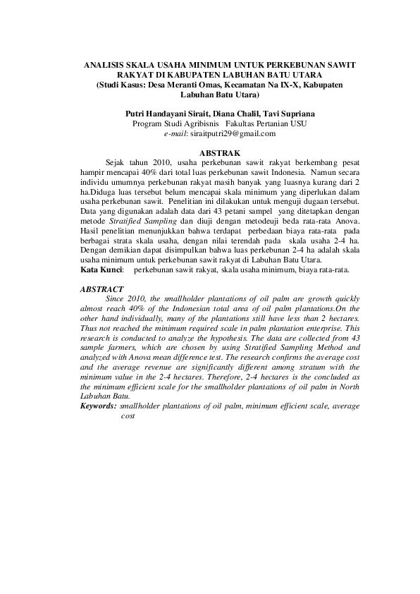 (PDF) ANALISIS SKALA USAHA MINIMUM UNTUK PERKEBUNAN SAWIT RAKYAT DI KABUPATEN LABUHAN BATU UTARA ...
