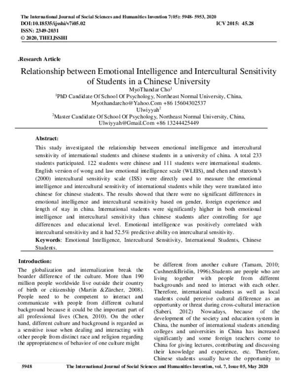 (PDF) Relationship between Emotional Intelligence and Intercultural Sensitivity of Students in a ...