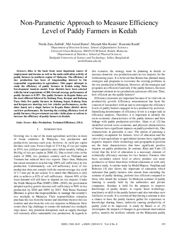 (PDF) Non-Parametric Approach to Measure Efficiency Level of Paddy Farmers in Kedah