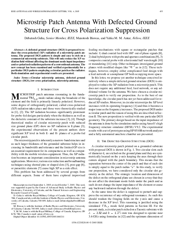 Pdf Microstrip Patch Antenna With Defected Ground Structure For Cross Polarization Suppression