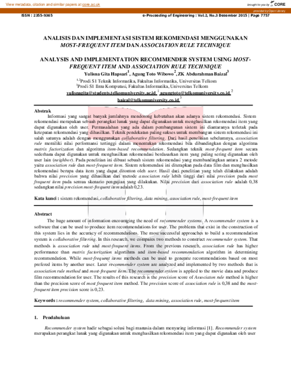 (PDF) Analisis Dan Implementasi Sistem Rekomendasi Menggunakan Most-frequent Item Dan ...
