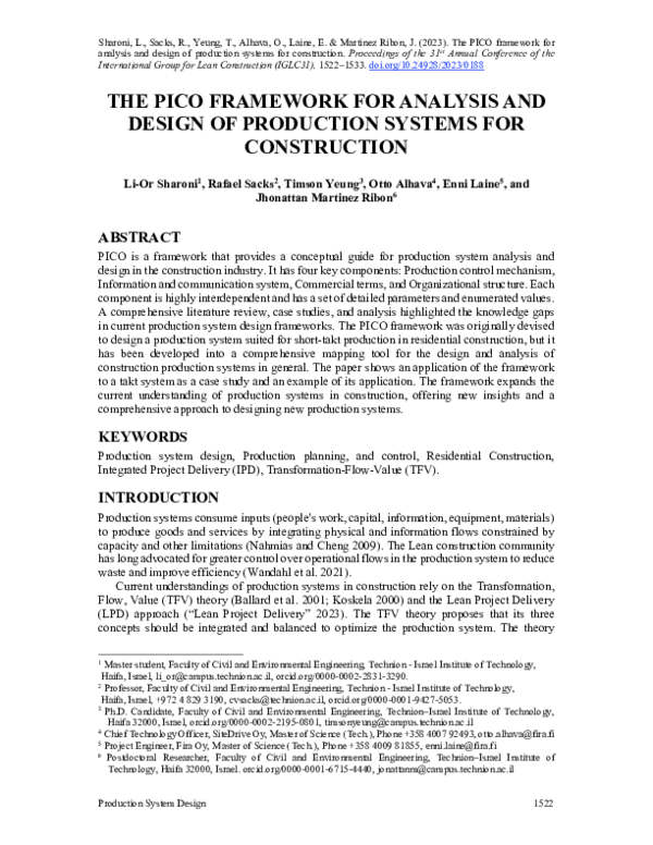 (PDF) The PICO Framework for Analysis and Design of Production Systems for Construction