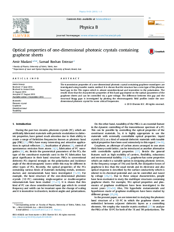 (PDF) Optical properties of one-dimensional photonic crystals containing graphene sheets