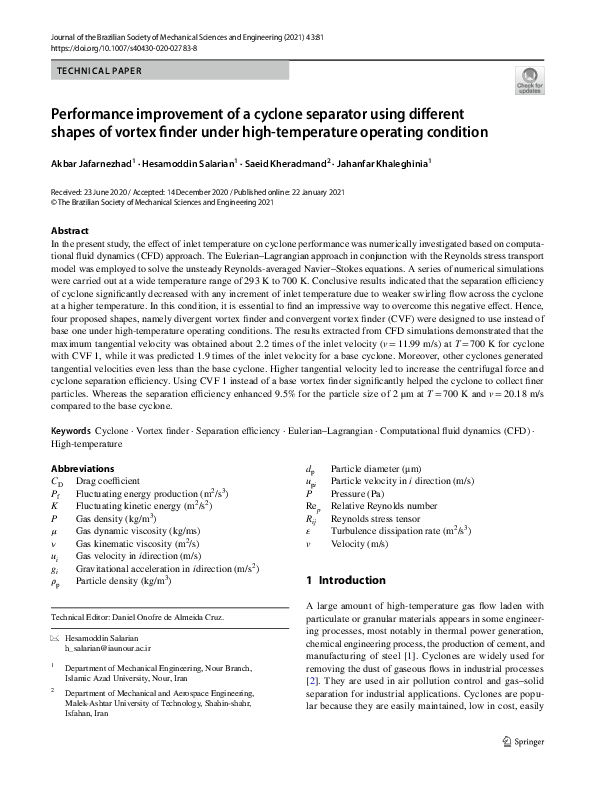 (PDF) Performance improvement of a cyclone separator using different shapes of vortex finder ...