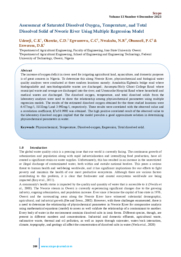 (PDF) Assessment of Saturated Dissolved Oxygen, Temperature, and Total ...