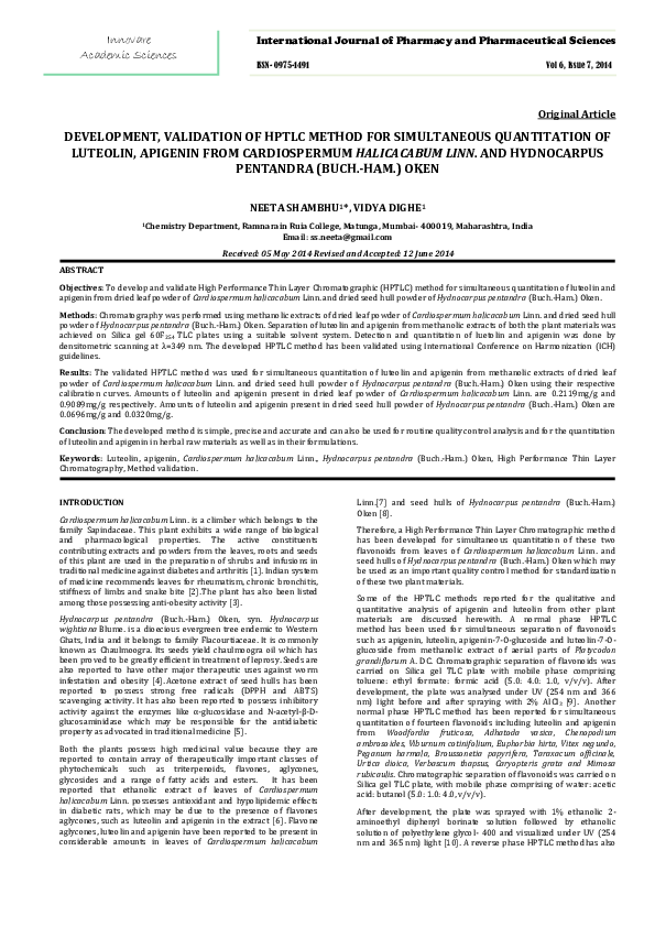 (PDF) DEVELOPMENT, VALIDATION OF HPTLC METHOD FOR SIMULTANEOUS QUANTITATION OF LUTEOLIN ...