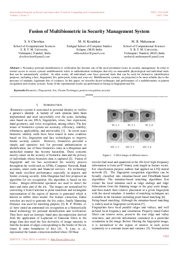Pdf Fusion Of Multibiometric In Security Management System
