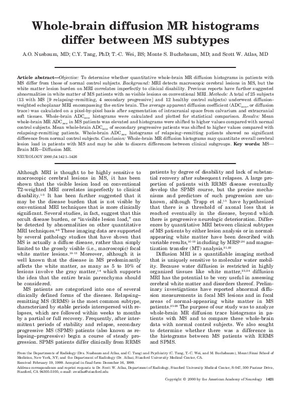 (PDF) Whole-brain diffusion MR histograms differ between MS subtypes ...