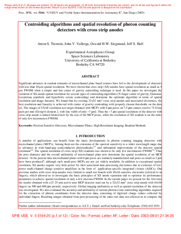 Pdf Centroiding Algorithms And Spatial Resolution Of Photon Counting