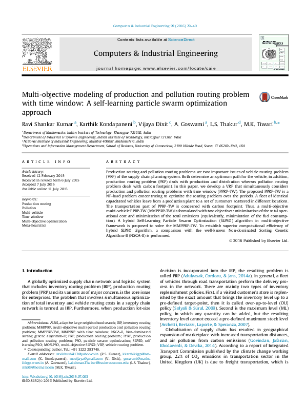 Pdf Multi Objective Modeling Of Production And Pollution Routing Problem With Time Window A