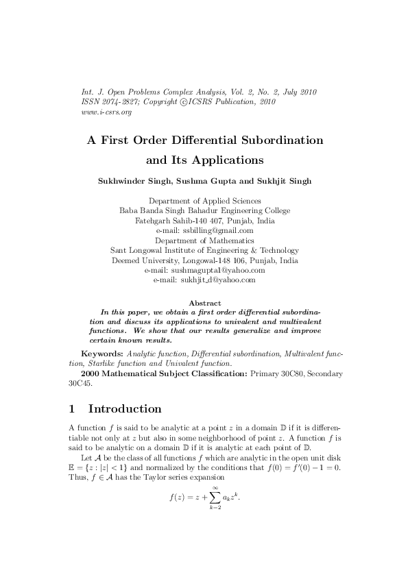 (PDF) A First Order Difierential Subordination and Its Applications