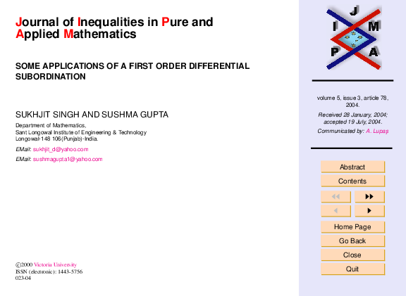 Pdf Some Applications Of A First Order Differential Subordination